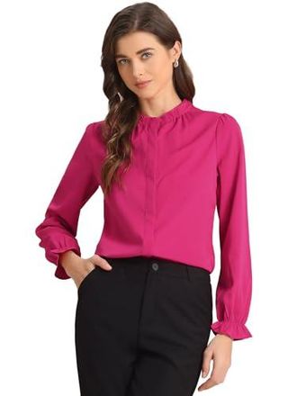 Allegra K Femmes Travail Bureau Boutonn&eacute; Col Montant &agrave; Volants Bordure Manche Longue Chemisier Rose Vif XS