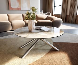 DELIFE Couchtisch Edge Rund 90x90 cm Keramik Minas Melange Sarity Edelstahl geb&uuml;rstet, Couchtische