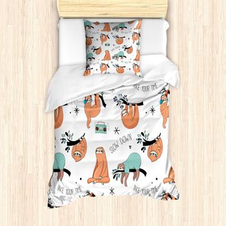 Abakuhaus Faultier Bettbezug Set für Einzelbetten, Faultiere auf Branchen, Milbensicher Allergiker geeignet mit Kissenbezug, Schwarz Orange