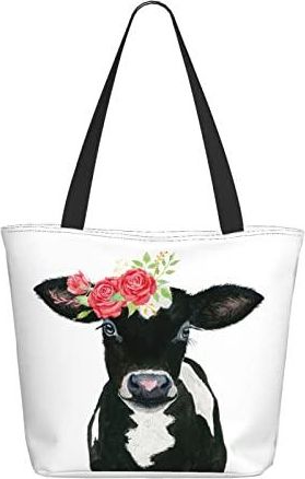 AOOEDM Sac &agrave; provisions pour femme avec fleurs et vache 33 x 28 x 19 cm. Le cadeau parfait pour la Saint-Valentin. Cest de la Saint-Valentin pour maman, fill