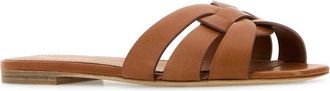 Saint Laurent Womens Brown Leather Tribute 05 Slippers 2206 Scarpe Con Tacco High Heel Shoes