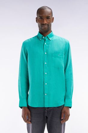Eden Park Chemise En Lin Vert Unie Coupe Droite