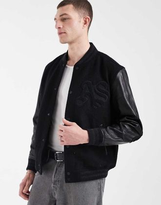 AllSaints Holloway - College-Bomberjacke aus Leder in Schwarz mit Logo