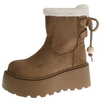 Generic JJDFW Bottes de neige dhiver pour femme Couleur kaki Bout rond Chaussures en coton doux et chaud Fond &eacute;pais Talons hauts 7 cm Femme Courte Peluche, ka