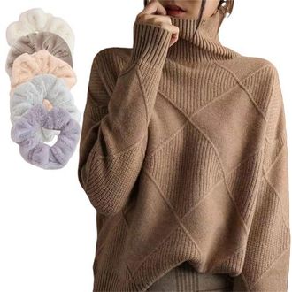 Generic Pull tricoté à col roulé à motif losanges pour femme, pull à manches longues pour automne, coupe ajustée, pull surdimensionné, kaki, XXL