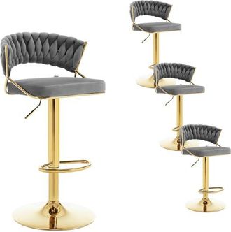 Woltu Lot de 4 Tabouret de Bar avec Dossier Tiss&eacute; et Repose-Pieds, Tabouret Pivotant, Hauteur R&eacute;glable, Base &Eacute;vas&eacute;e en M&eacute;tal + Si&egrave;ge en Velours, Gris fonc&eacute;,