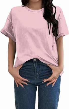 Generic T-shirts surdimensionn&eacute;s &agrave; manches courtes et col rond pour femme - Hauts d&eacute;t&eacute; d&eacute;contract&eacute;s et amples - T-shirts basiques tendance au quotidien, rose,