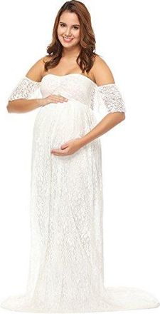 Ibtom Robe Grossesse de Photographie Elégante Vetements Maternité Robe Longue en Dentelle à Manches Courtes Femme Enceinte Costume Habillée de Shooting Phot