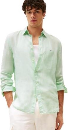 Tommy Hilfiger Manches Longues décontracté pour Homme - Coupe Droite - Boutonnière décontractée en Lin - Coupe Normale, Vert Opale, S