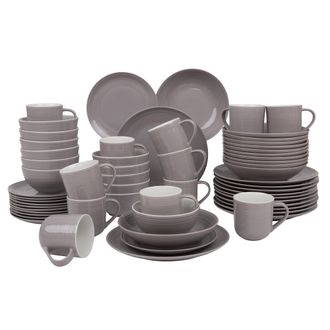 Ambition Tafel und Kaffeeservice 12 personen Linea 60-teilig Porzellan Teller Tassen Schalen dezente Linien Sp&uuml;lmaschine & Mikrowelle grau