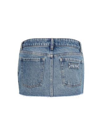 Miu Miu Womens Denim Mini Skirt With Frayed Hem Blue Cotton
