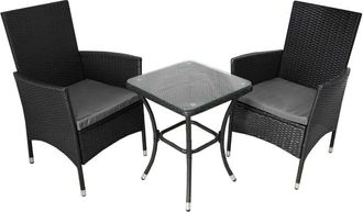 Jardi Set Mobilier Bistro Luxe 3 Pi&egrave;ces Rotin Table Verre Tremp&eacute; 2 Chaises Confortable Terrasse Jardin Salon de Jardin Noir Bistrot Set Parisien - Terrasse
