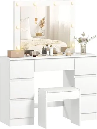 HOMCOM Coiffeuse avec Miroir et Tabouret, Table de Maquillage avec Miroir LED à luminosité, Tabouret rembourré et 7 tiroirs, Bureau Coiffeuse Style Hollywood