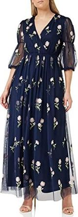 Frock and Frill Robe brodée Florale Occasion spéciale, Bleu Marine, 42 Femme