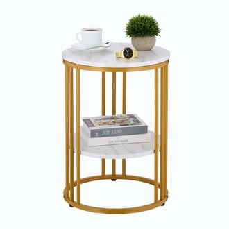 Relaxdays Beistelltisch Marmoroptik, 2 Ablagen, f&uuml;r Wohnzimmer, Metall & MDF, Sofatisch rund, HxD 56x40 cm, wei&szlig;/Gold