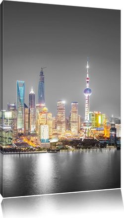 Pixxprint Shanghai Skyline bei Nacht, Gr&ouml;&szlig;e: 60x40cm, Leinwandbild, fertig gespannt, Wandbild, Dekoration, Kunstdruck, kein Poster