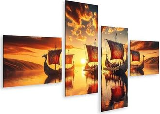 Islandburner Tableau sur toile Mer dor : Navires vikings au coucher du soleil Images murales Poster