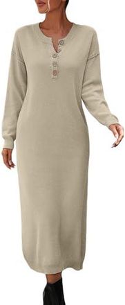 Generic Robes amincissantes douces surdimensionn&eacute;es avec boutons sur le devant et col en V et manches longues pour femme, beige, XL