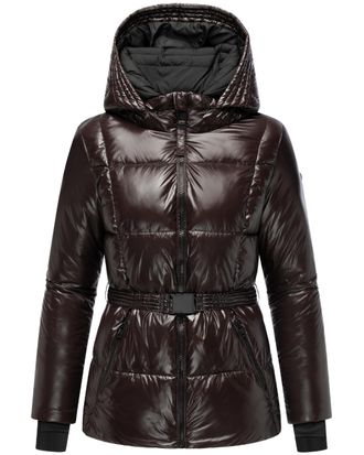 Navahoo Damen Winterjacke gl&auml;nzende warme Steppjacke mit Tailleng&uuml;rtel Eisglanz 14 Choco Gr. XL