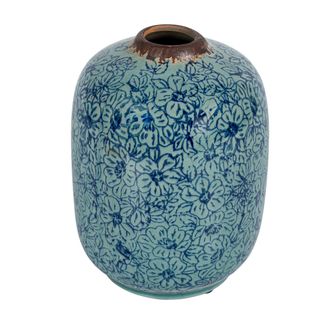 Creative Co-op Creative Co-Op Terra-Cotta-Vase mit Blumenmuster, Blau im Used-Look