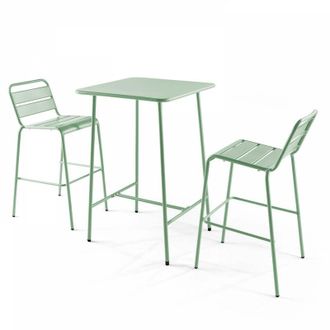 Oviala Oviala - Ensemble table de bar et 2 chaises hautes en m&eacute;tal vert sauge - Palavas