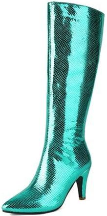 Generic Bottes hautes à bout pointu pour femme - En peau de serpent - Chaussures dhiver pour fête, mariage ou défilé, Vert, 41.5 EU