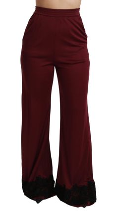 Dolce & Gabbana Womens Black Lace High Waist Wide Leg Maroon Pants Bordeaux Viscose Polyester Stretch