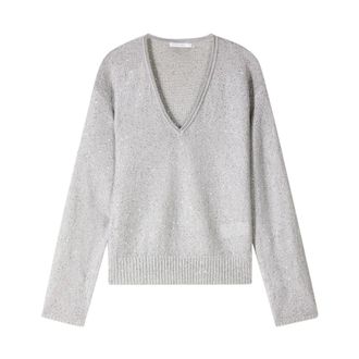 Patrizia Pepe Femme, Pulls, Gris, Taille: 42 FR Pull &agrave; Col en V avec Sequins