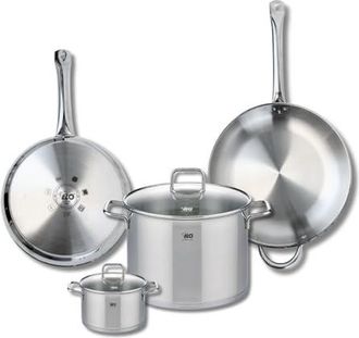 Fackelmann ELO 9508850 Batterie de cuisine 4 pièces, Ensemble de 2 Poêles de cuisson 28 et 32 cm et 2 faitouts 14 et 26 cm Elo Profi Citrin, inox, induction