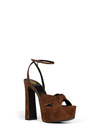 Saint Laurent Womens Platform Sandals Franciane Dark Havana Suede Brown Calf Leather