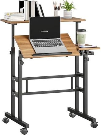 HOMCOM Bureau Assis Debout, Bureau r&eacute;glable en Hauteur 70 x 60 cm, Table Ordinateur &agrave; roulettes avec Plateau inclinable, Poste de Travail pour Chambre, Petit