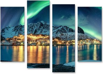 Islandburner Leinwandbild Aurora Borealis &Uuml;ber Fischerdorf Beleuchtung K&uuml;stenlinie Winter Lofote - Leinwand 130x80cm - 4 Teile