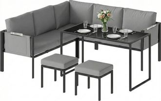 OUTSUNNY Salon de jardin - Outsunny - 6 pi&egrave;ces canap&eacute; dangle ext&eacute;rieur avec coussins 10cm table haute et 2 repose-pieds - gris