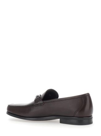 Ferragamo Mens Loafers With Gancini Detail, Brown Leather Calf