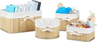 Relaxdays 8 x Aufbewahrungskorb Bambus, Aufbewahrungsbox für Regal und Schrank, Dekokorb Stoffeinsatz, Regalkorb, 4 Größen, Natur