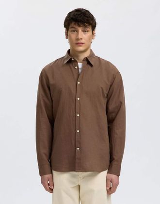 Selected Chemise en lin m&eacute;lang&eacute; - P&eacute;pite de chocolat-Marron