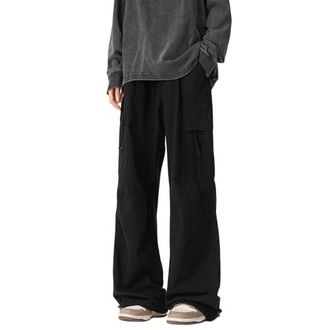 Generico Pantalon cargo pour homme Baggy avec poches Pantalon long de loisirs Couleur unie Style urbain Pantalon de surv&ecirc;tement &agrave; jambes larges, Noir, XXL
