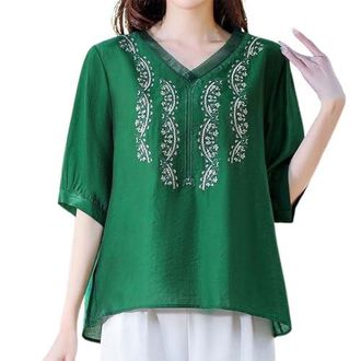 Generic T-shirt en lin brod&eacute; pour femme - Coupe ample - Manches courtes - Haut l&eacute;ger - Grande taille, vert, 4XL