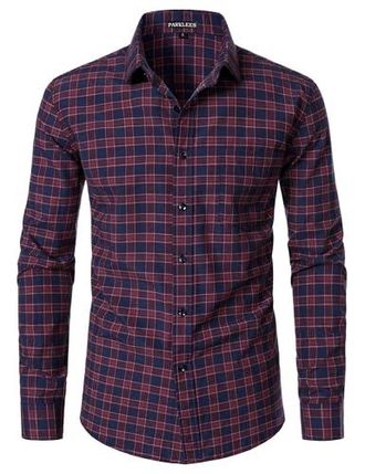 PARKLEES Chemise l&eacute;g&egrave;re &agrave; carreaux pour homme, coupe ajust&eacute;e, &agrave; carreaux, chemise boutonn&eacute;e &agrave; manches longues avec poche, Bordeaux et bleu marine, M