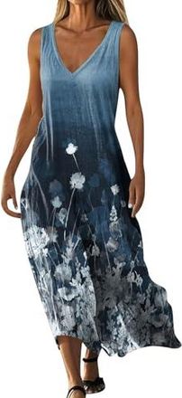 Generic Robe Femmes Été sans Manche Décontractés Lâche Longue Dress Vacances pour Femme Décolleté en V Chic Et Élégant Plus Size Bohème Rétro À Fleurs Robes M