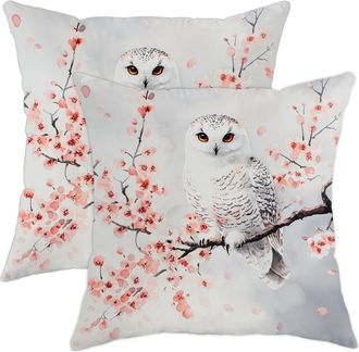 Generic Kissenbez&uuml;ge mit Eulen-Motiv, wei&szlig;e Schneeeule, Blumenmuster, Fr&uuml;hlingsdekor, quadratisch, Heimdekoration, Kissenbez&uuml;ge f&uuml;r Sofa, Couch, Bett, 45,7 x 