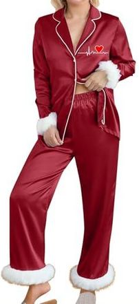 Generic Ensemble de pyjama d&eacute;contract&eacute; et confortable pour la Saint-Valentin 2026 pour femmes, chemise &agrave; manches longues, pantalon, deux ensembles, Rouge, XXL