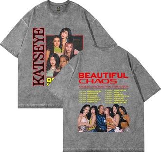 Generic KATSEYE 2025 The Beautiful Chaos Tour Merch Vintage Wash T-Shirt - T-shirt unisex en coton pour fans KATSEYE, tee-shirt r&eacute;tro lav&eacute; pour concert, gris,