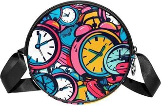 Generic Sac &agrave; bandouli&egrave;re rond pour femme, motif horloge de dessin anim&eacute;, petit sac &agrave; dos &agrave; bandouli&egrave;re avec fermeture &eacute;clair, bretelles r&eacute;glables, sac &agrave; main