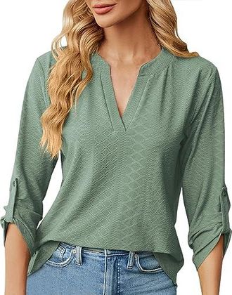 Generic Chemisier uni à manches courtes pour femme - Col en V - Manches 3/4 - Pour la vie quotidienne - Cadeau de Noël, C, L