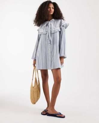 Neon Rose Robe babydoll ray&eacute;e &agrave; manches longues et bords volant&eacute;s - Bleu