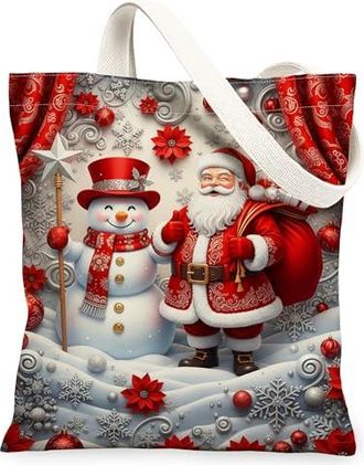 Generic Sacs fourre-tout en toile motif bonhomme de neige de No&euml;l, sacs d&eacute;picerie r&eacute;utilisables, l&eacute;gers et lavables avec bandouli&egrave;re, Rouge, 13x15 Inch