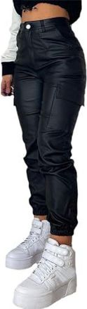 Onsoyours Pantalon Femme Décontractés Taille Haute Legging en Cuir PU Baggy Rétro Skinny Stretch Pantalon en Similicuir Collants Pants avec Multi-Poche Streetwe