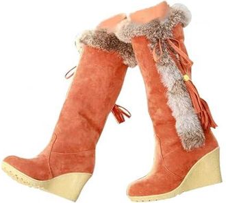 Generic Bottes montantes en fourrure pour femme, style boh&egrave;me, hiver, neige, large largeur doubl&eacute;e, talon compens&eacute;, mollet, bottines d&eacute;contract&eacute;es &agrave; lacets, c