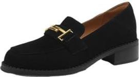 Generic Mocassins Femme Rétro Bout Carré Daim Durable Tige Décoration Boucle Métal Talons Carrés Bas Slip-on Confortables Bureau Quotidien,Noir,38.5 EU